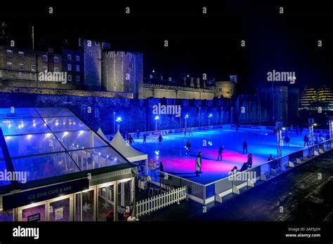 Ice Skating Rink At Tower Of London Castle At Night London England