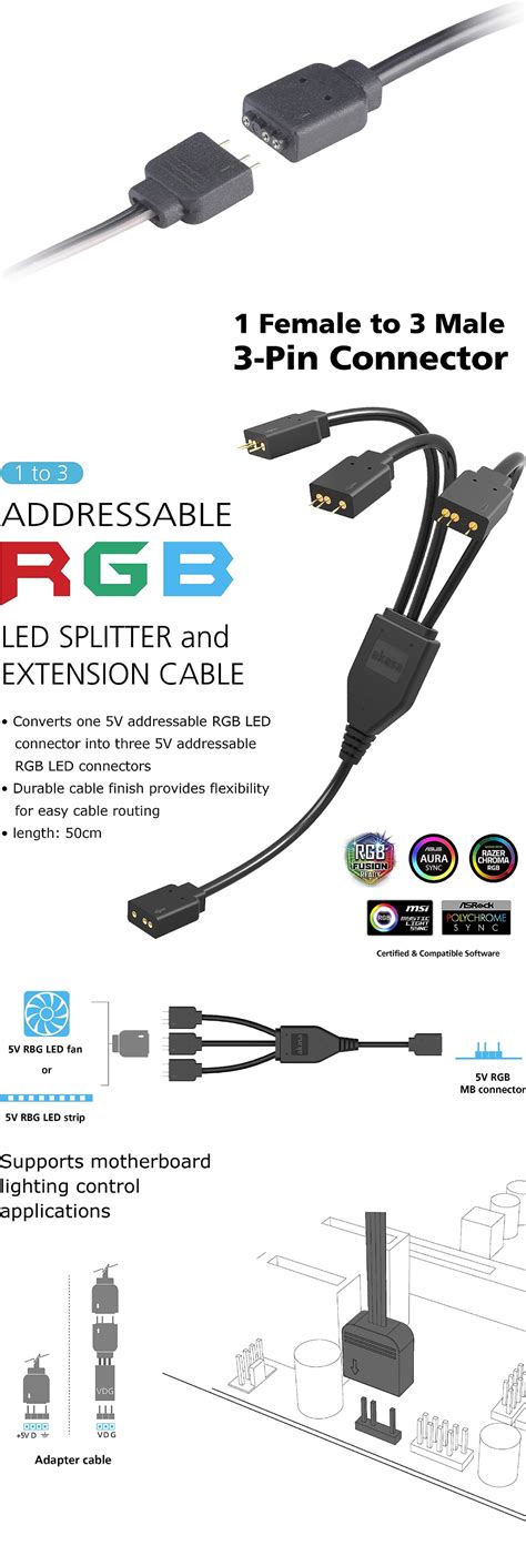 Akasa 3 Pin Addressable Rgb Led Splitter Extension Cable 1 To 3 Argb