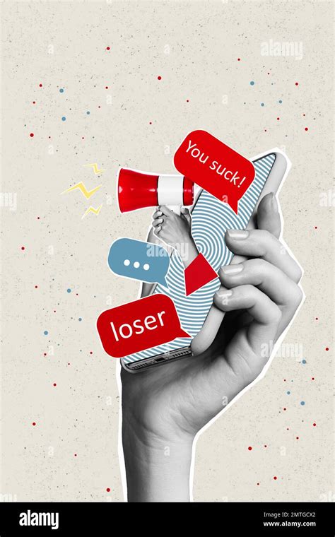 Collage Photo Artwork Cyberbullying From Internet Users Hand Hold Smartphone Aggressive Comments