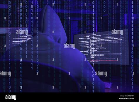 cyber attack hacker working with computers and breaking system to