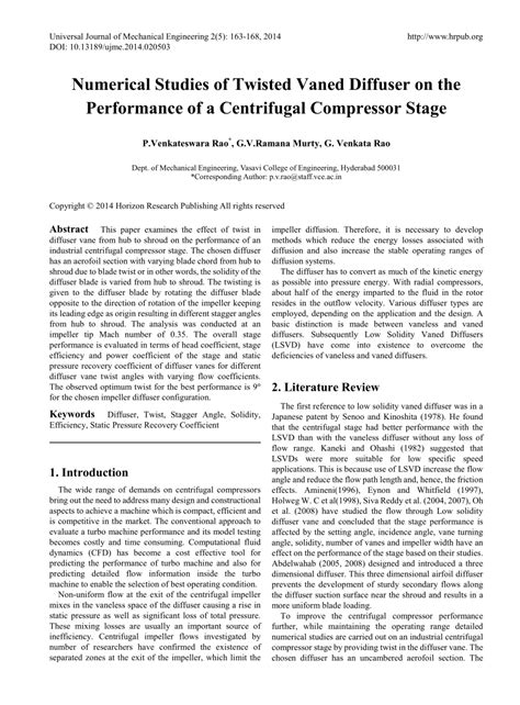 Pdf Numerical Studies Of Twisted Vaned Diffuser On The Performance Of A Centrifugal Compressor