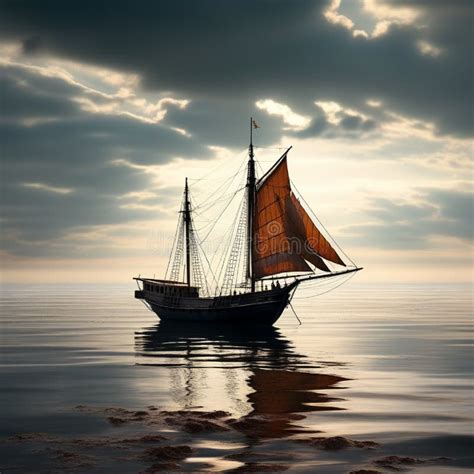 Generate An Image Of A Small Boat Navigating Through A Deserted Sea Devoid Of Any Human Activity