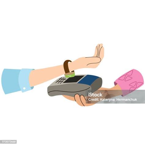 손목에 스마트 워치를 착용하고 현금없이 지불하는 사람 Pos 단말기 및 Nfc 기술로 직접 결제합니다 비접촉식 무현금 결제