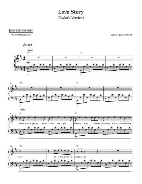 Taylor Swift Love Story Taylors Versionpiano Sheet Sheet Music