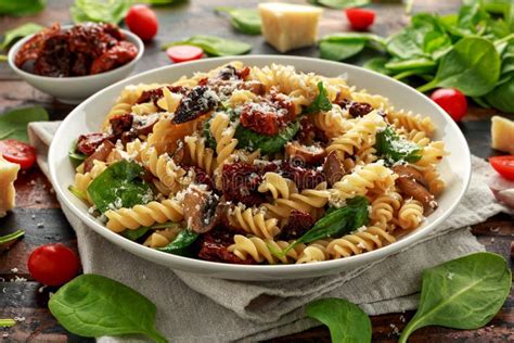 Fusilli Pasta With Sun Dried Tomatoes Mushrooms Parmesan Cheese And