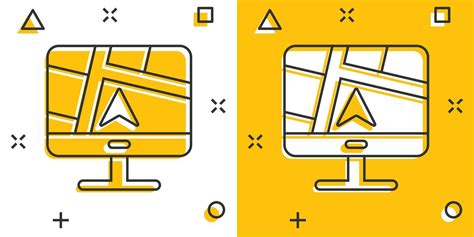 Computer Navigation Icon In Comic Style Monitor Pin Gps Cartoon Vector