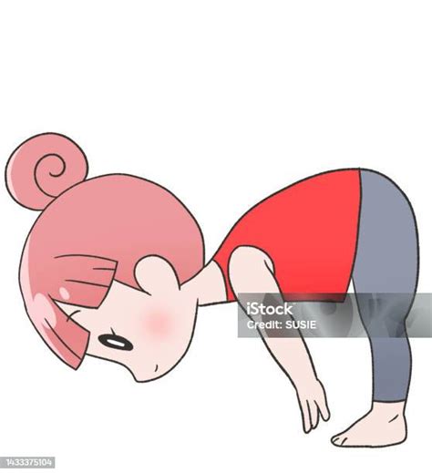 반쯤 서서 앞으로 서서 요가 일러스트레이션의 구부러진 포즈를 취한 여자 20 29세에 대한 스톡 벡터 아트 및 기타 이미지