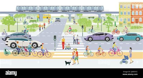 City Silhouette With Road Traffic And Pedestrians On The Pedestrian
