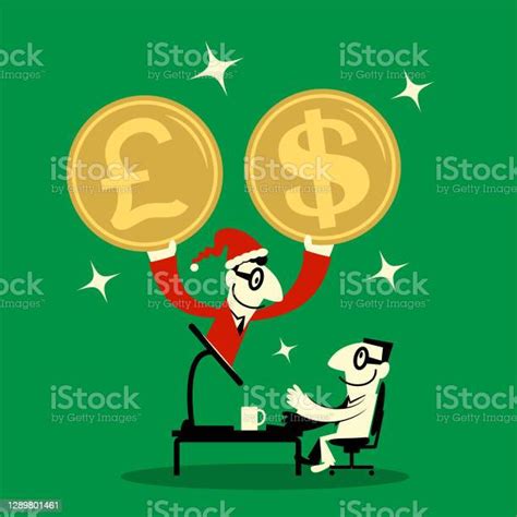 산타 클로스 정장을 입고 컴퓨터 모니터에 표시하고 남자에게 미국 달러와 영국 파운드 통화를 보내는 사업가 산타 클로스에 대한