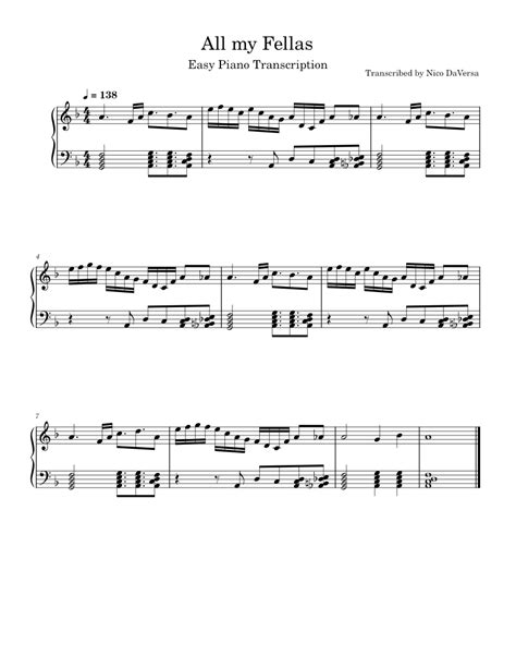 All My Fellas Frizk All My Fellas Easy Piano Transcription Sheet