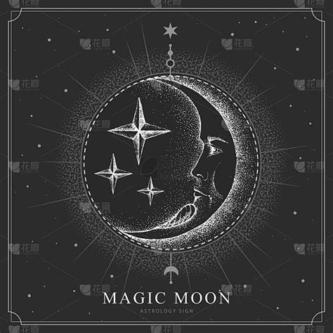 现代魔术魔术卡与占星月亮标志与人脸。现实手绘插图的月亮与人的脸素材 花瓣网