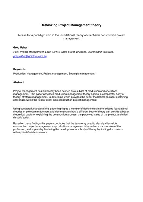 Pdf Rethinking Project Management Theory A Case For A Paradigm Shift