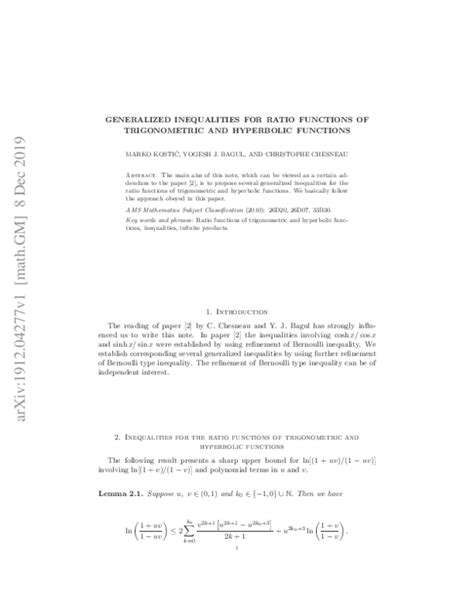 Pdf Generalized Inequalities For Ratio Functions Of Trigonometric And