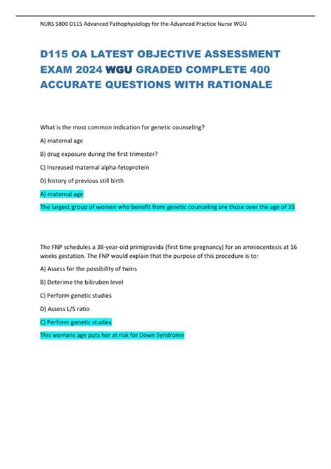 D115 Oa Latest Objective Assessment Exam 2024 Wgu Graded Complete 400 Accurate Questions With