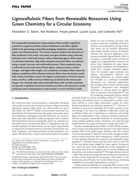 Pdf Lignocellulosic Fibers From Renewable Resources Using Green Chemistry For A Circular Economy