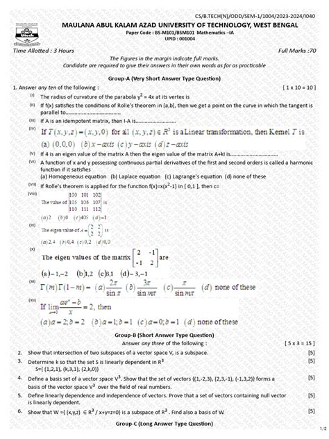 Math Pyq Paper 20192223 Pdf Matrix Mathematics Basis Linear Algebra