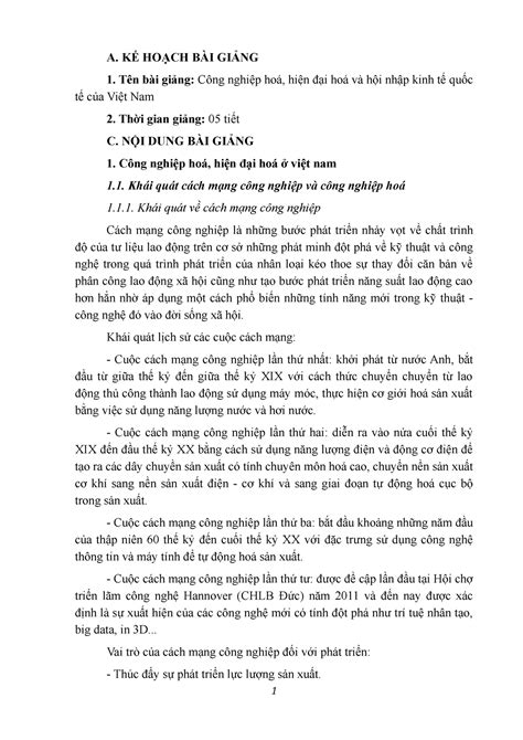 Cnh HĐh Ktct Mác A KẾ HoẠch BÀi GiẢng Tên Bài Giảng Công Nghiệp Hoá Hiện đại Hoá Và Hội