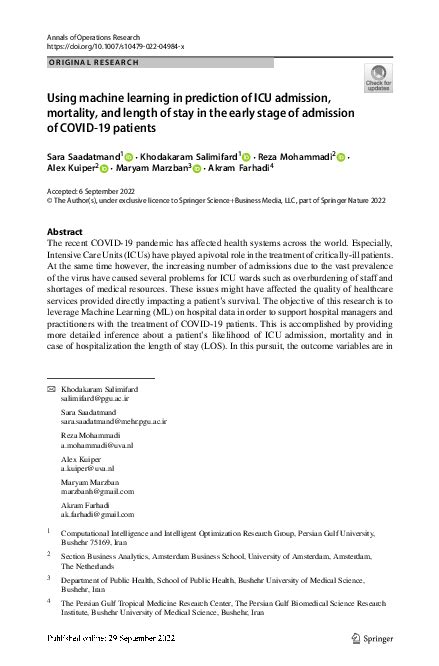 Pdf Using Machine Learning In Prediction Of Icu Admission Mortality
