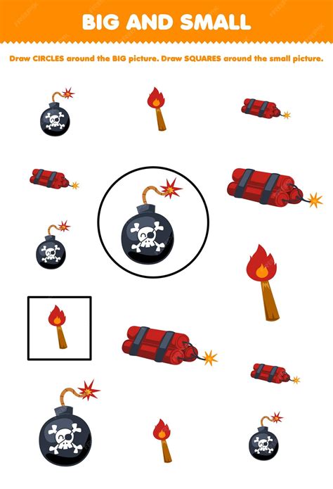 아이들을 위한 교육 게임은 귀여운 만화 폭탄 다이너마이트와 횃불 인쇄용 해적 워크시트의 원과 사각형을 그려서 크거나 작은 크기로 정렬합니다 프리미엄 벡터