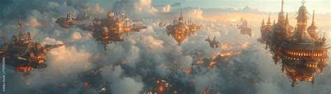 Steampunk Sky City Floating Islands Airships Victorian Architecture