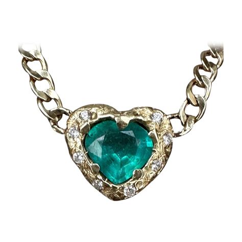Emerald Heart Necklace And Choker With Diamonds On A Cuban Link Chain