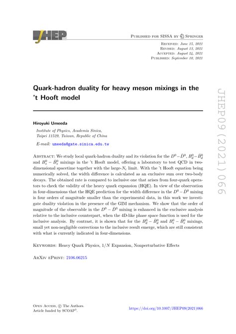Pdf Quark Hadron Duality For Heavy Meson Mixings In The T Hooft Model
