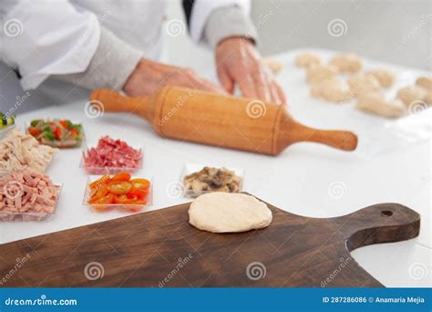 Stretched Mini Pizza Dough And Topping Ingredients Delicious Home Made