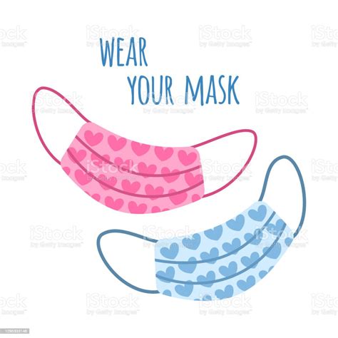 코로나바이러스 전염병에서 호흡을 보호하기 위해 얼굴 마스크를 착용하도록 요청하는 웹 배너 하트가 있는 분홍색과 파란색 얼굴