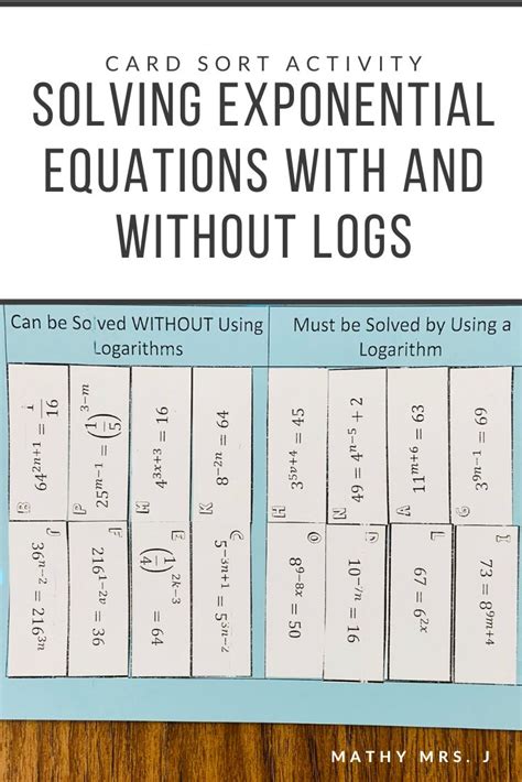 Solve Exponential Equations With and Without Logarithms Card Sort ...