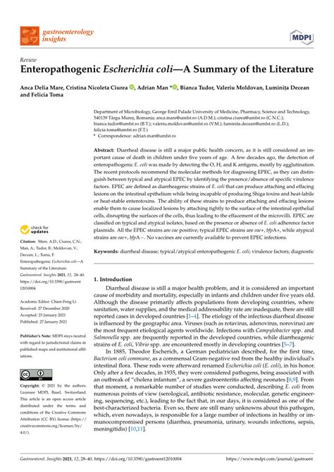 Pdf Enteropathogenic Escherichia Coli—a Summary Of The Literature
