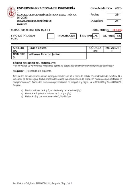 1problema 1ra PC2023 1 EE644N UNIVERSIDAD NACIONAL DE INGENIERÍA