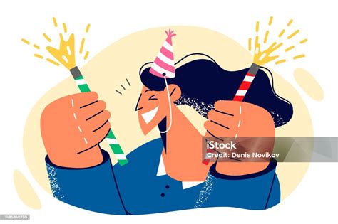 생일을 축하하는 여자는 불꽃놀이와 함께 손을 들고 친구들을 위한 생일 파티를 즐기고 있다 생일에 대한 스톡 벡터 아트 및 기타