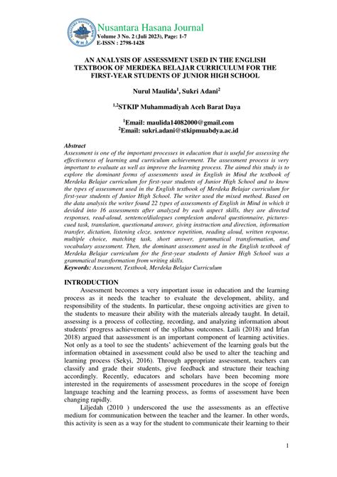 Pdf An Analysis Of Assessment Used In The English Textbook Of Merdeka