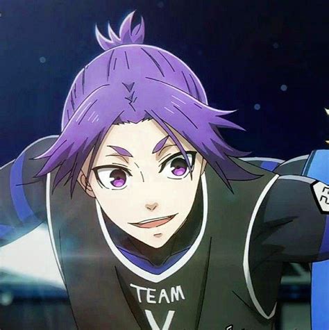 An Anime Character With Purple Hair Holding A Blue Object In His Hand