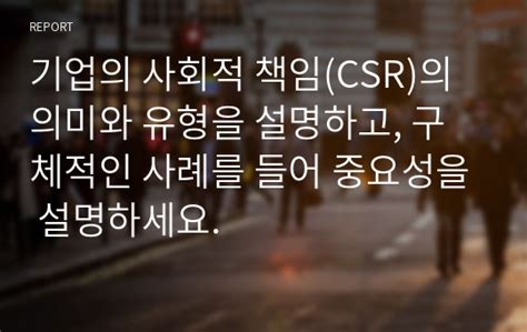 기업의 사회적 책임csr의 의미와 유형을 설명하고 구체적인 사례를 들어 중요성을 설명하세요 레포트