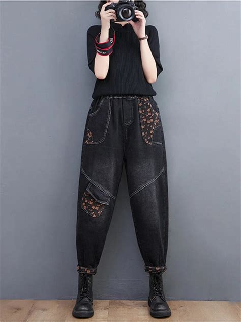 Badu Bg Зимна есенна мода Дамски ретро дънкови панталони с флорални щампи Женски свободни