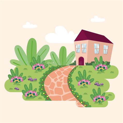 Flat Style Cute Garden With A House Building Vector Stock Vector