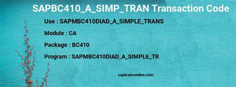 SAPBC410 A SIMP TRAN SAP Tcode For SAPMBC410DIAD A SIMPLE TRANS