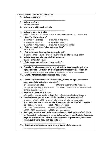 Formulario De Preguntas Formulario De Preguntas Encuesta Indique Su
