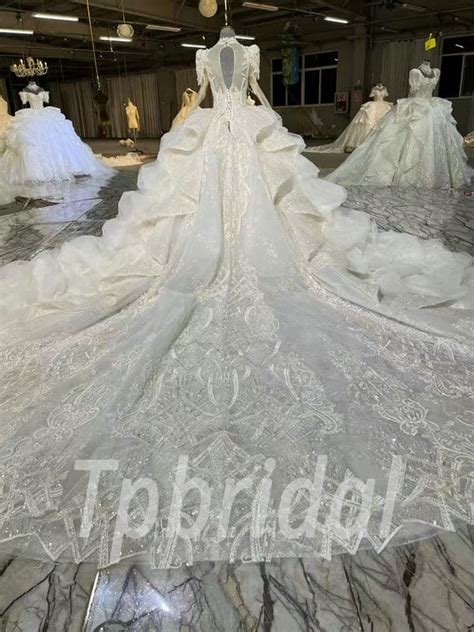 Long Sleeve Lace Wedding Dress V Neck Ball Gown With Train