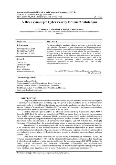 A Defense In Depth Cybersecurity For Smart Substations Pdf