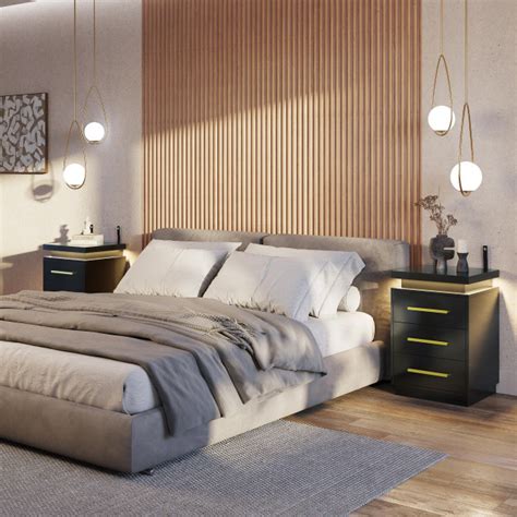 Set Of 2 End Tables With RF Remote Controlled LED Lights Three Drawers