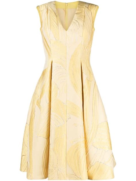 Talbot Runhof V Neck A Line Dress In Yellow Modesens