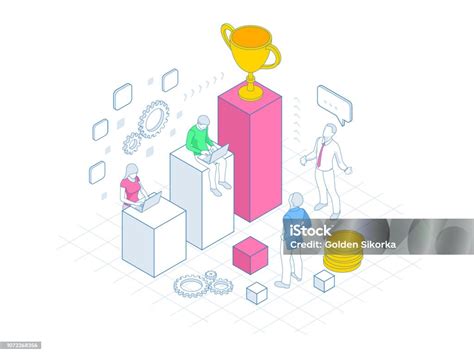 아이소메트릭 팀 성공 그리고 개요에 있는 팀웍입니다 비즈니스 워크플로 및 성공 프로젝트 관리 팀 빌딩에 대 한 평면 디자인 스타일 웹 배너 개념에 대한 스톡 벡터 아트 및