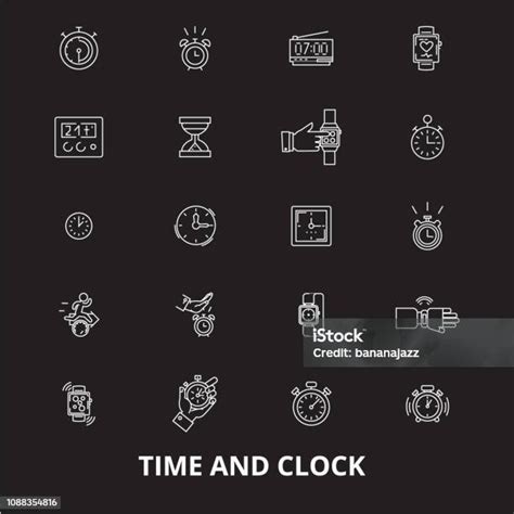 時間時計編集可能な線のアイコン ベクトルの黒い背景にセット時間と時計ホワイト アウトライン イラストサインシンボル アイコンのベクター