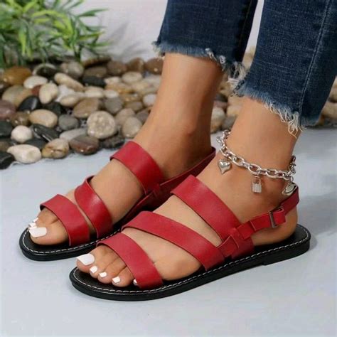 Womens Solid Color Open Round Toe Ankle Strap Shoes Roman Flat