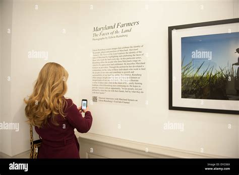 Woman Taking A Picture Of A Qr Code At A Fine Art Exhibit Stock Photo