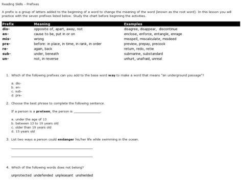 Reading Skills Prefixes Worksheet For 4th 6th Grade Lesson Planet