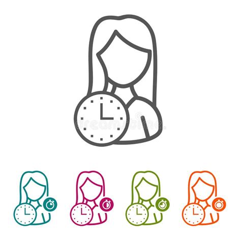 Woman With Clock Icons In Thin Line Style And Flat Design Stock