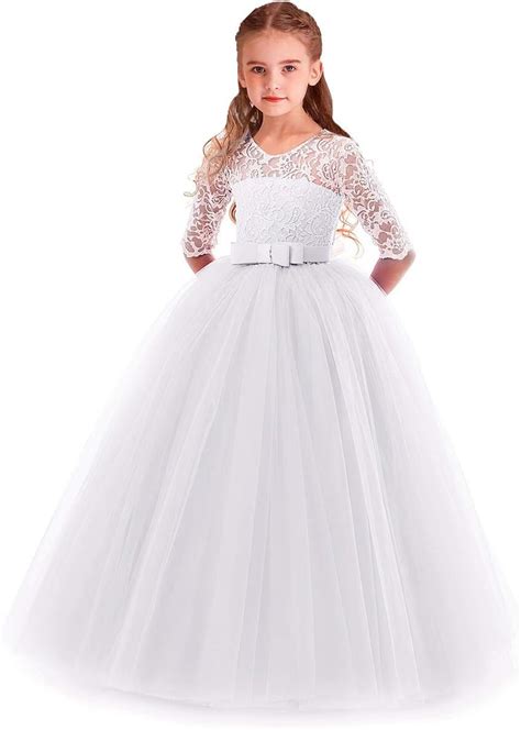 IZKIZF Vestido largo de tul para niñas manga 3 4 con lazo de encaje